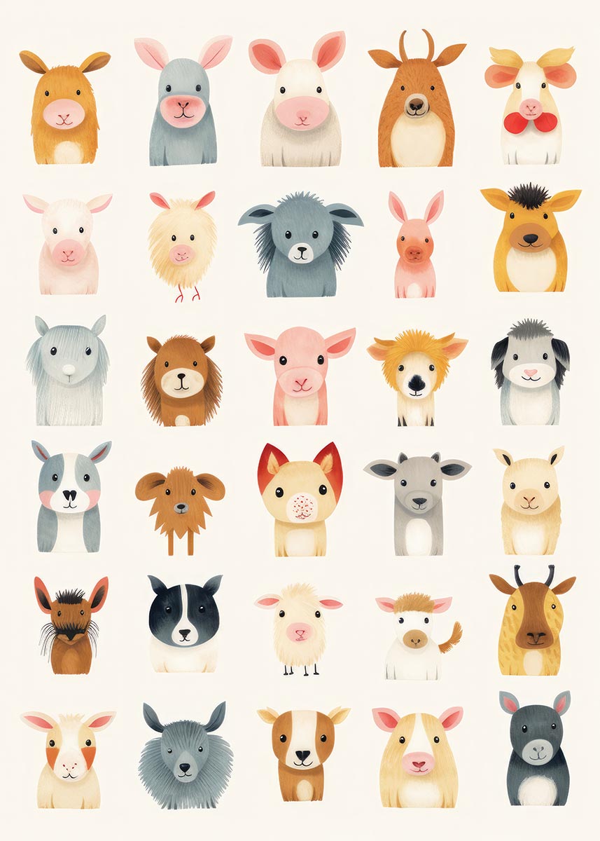 Whimsical Farm Animal Faces - Adorable Nursery Poster for Kids – Poster ...